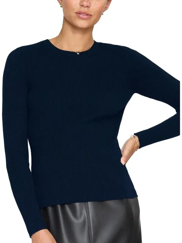 Brochu Walker Tamsin Skinny Rib Crewneck Top With Slit Cuff Detail - Navy