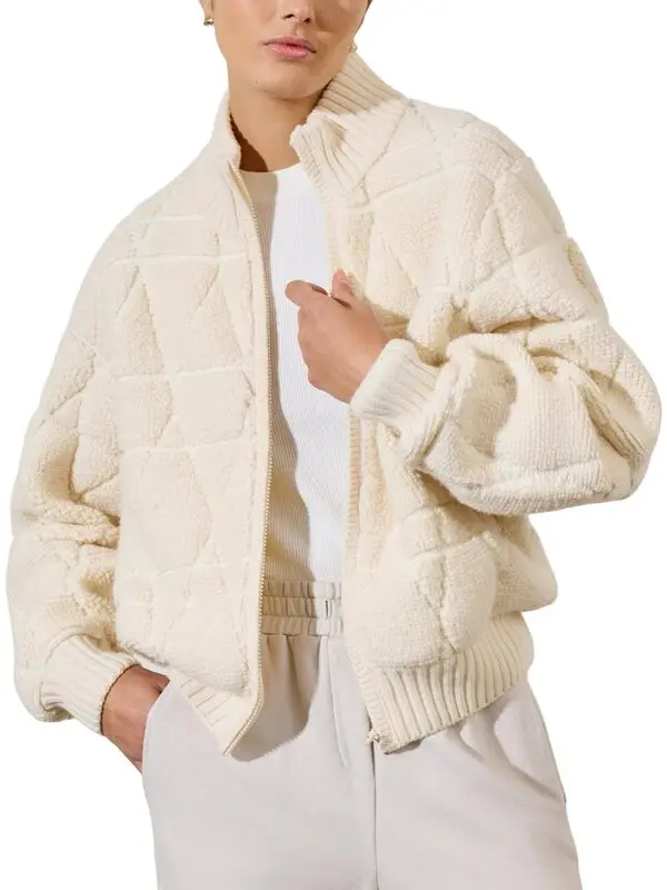 Brochu Walker Avalon Bomber Cardigan In Geometric Jacquard Knit - Ivory