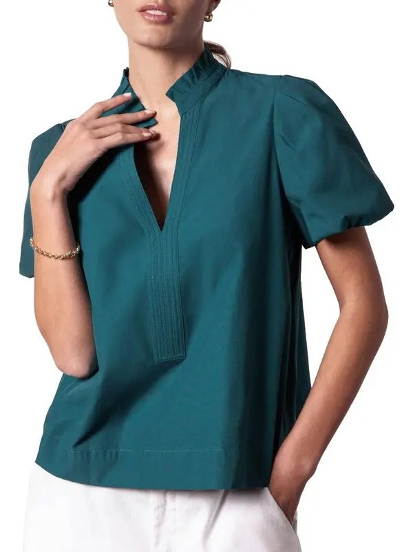 Brochu Walker Cameron Popover Top With Ruffle Collar And Puff Sleeves - Lagoon