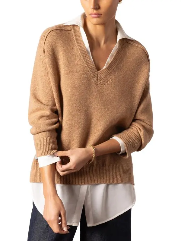 Brochu Walker The Looker Layered V-neck Sweater - Camel With White Underlayer