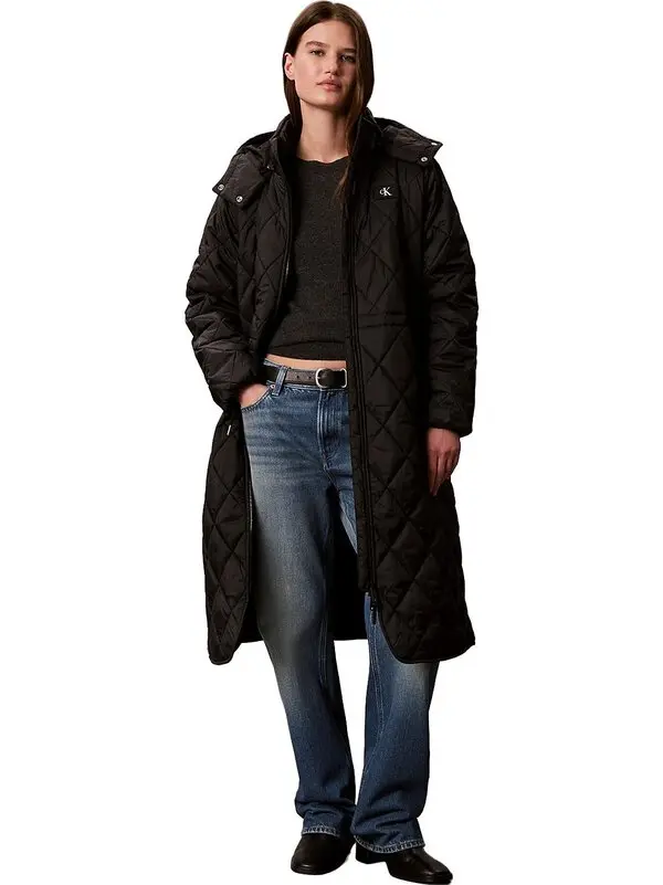 Calvin Klein Quilted Hooded Long Liner Coat - Black