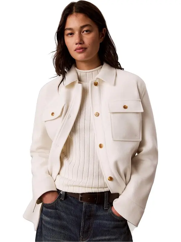 Calvin Klein Faux Wool Shirt Jacket With Embroidered Monogram - Tofu