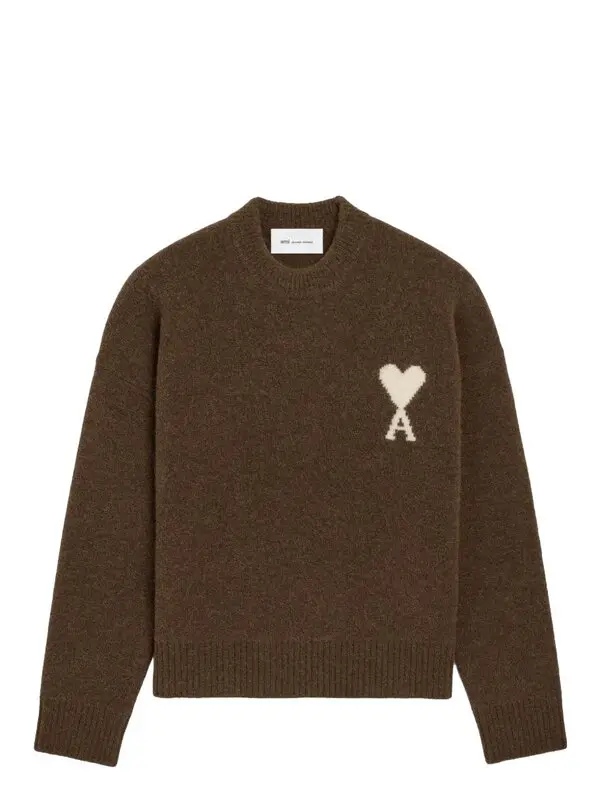 AMI Paris De Coeur Wool Crewneck Sweater - Brown