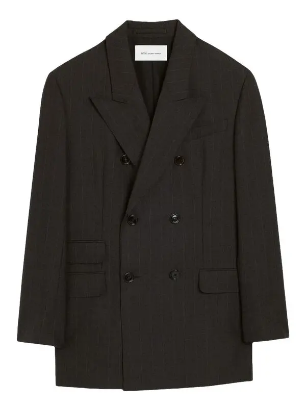 AMI Paris Wool Double-breasted Blazer With Pinstripes - Grey