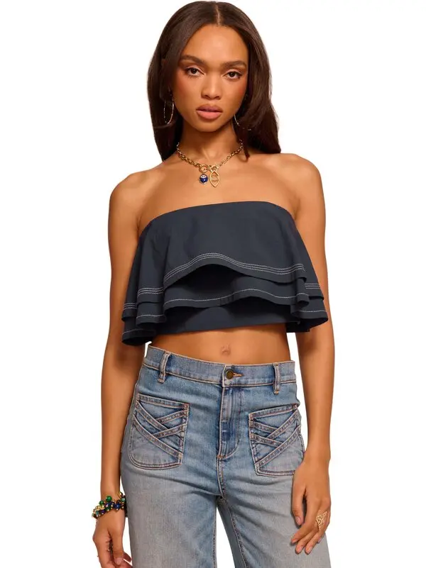 Ramy Brook Poppy Cotton Poplin Tiered Crop Top - Navy