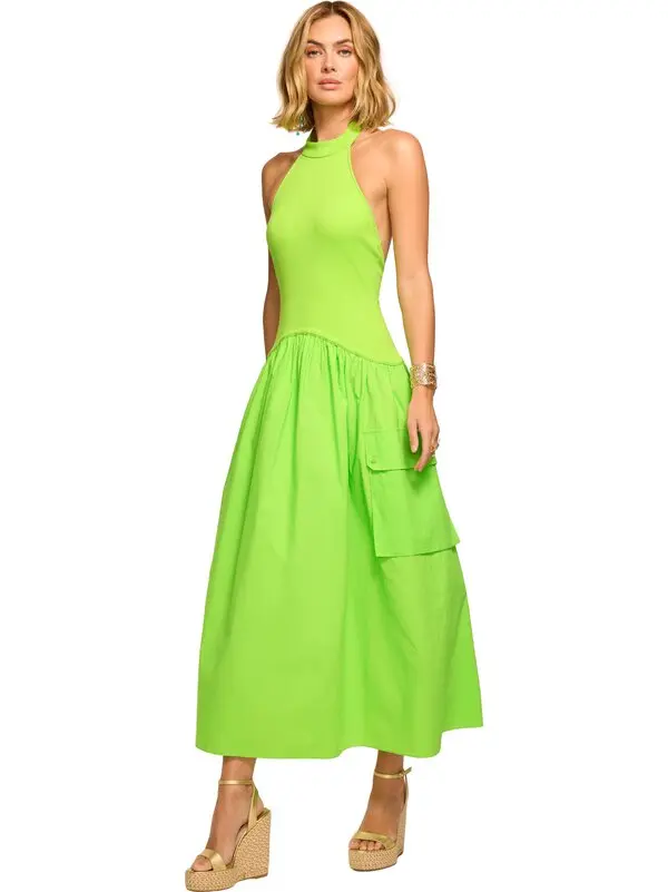 Ramy Brook Simone High Neck Combo Midi Dress - Bright Lime