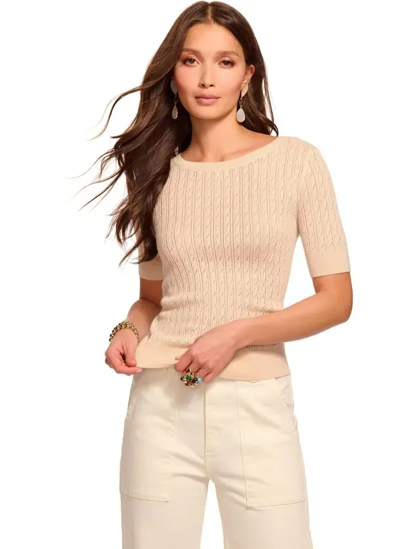Ramy Brook Elliot Pointelle Silk Cashmere Short Sleeve Top - Sandstone