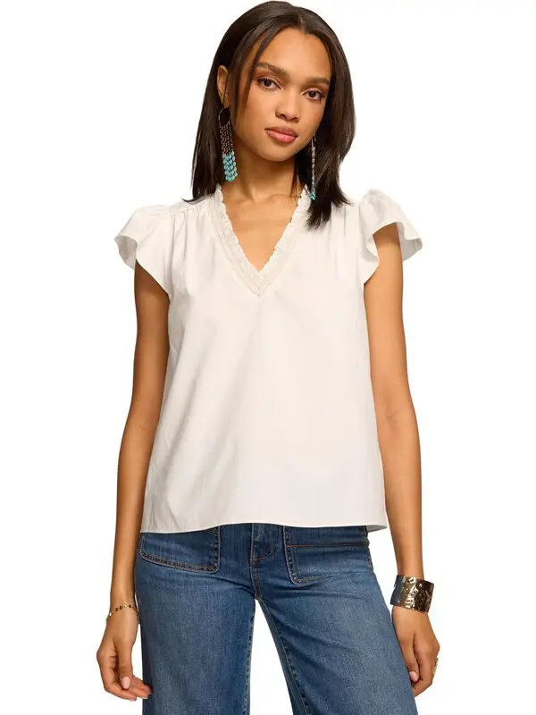 Ramy Brook Blake Cotton Poplin Flutter Sleeve Blouse - White