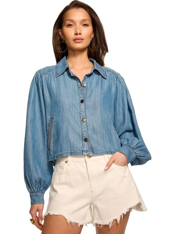 Ramy Brook Aisla Chambray Cropped Jacket With Blouson Sleeves And Braided Pocket Detail - Light Chambray