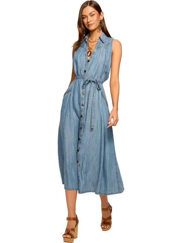 Ramy Brook Clover Chambray V-neck Midi Dress - Light Chambray