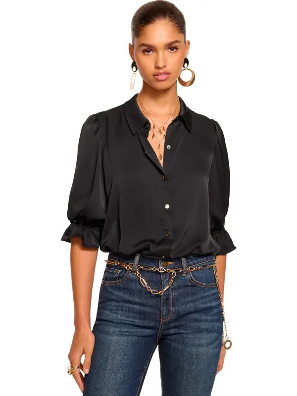 Ramy Brook Dina Button-down Bodysuit With Puff Sleeves - Black