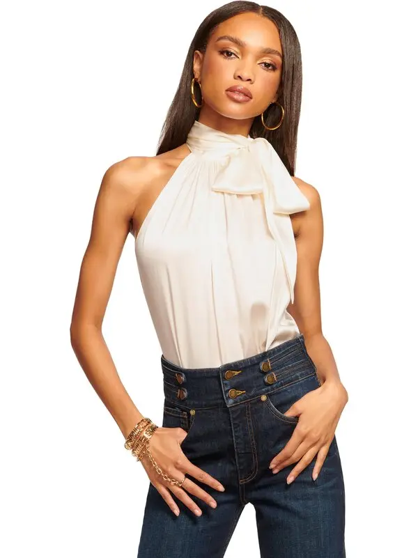 Ramy Brook Lori Silk High Neck Bow Detail Tank Top - Ivory