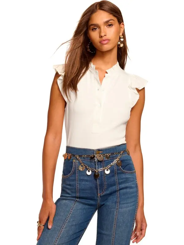 Ramy Brook Monroe Cotton Knit Combo Flutter Sleeve Top - Ivory