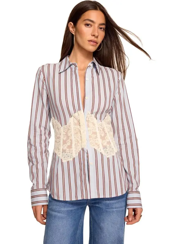 Ramy Brook Alana Embellished Long Sleeve Top - Blue Stripe