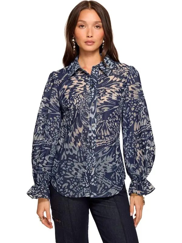 Ramy Brook Joy Printed Long Sleeve Blouse - Navy Burnout