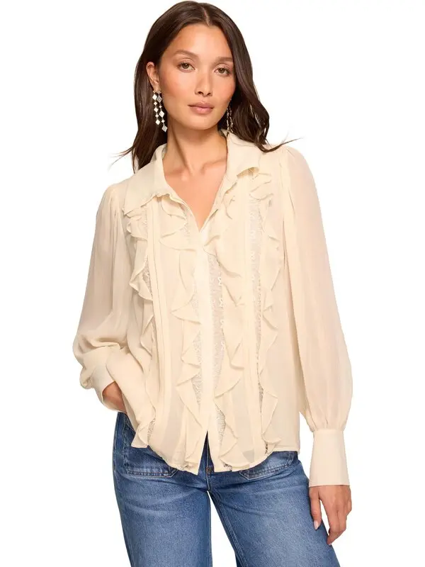 Ramy Brook Claire Silk Ruffled Long Sleeve Blouse - Bone