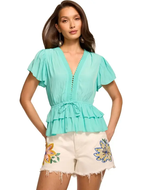Ramy Brook Emberly Embellished Short Sleeve Top - Jade