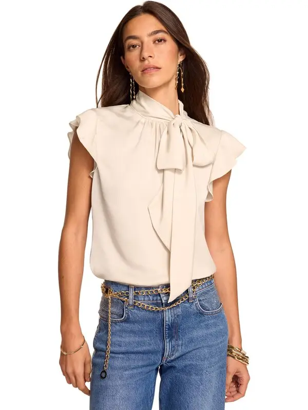Ramy Brook Balinda Tie Neck Short Sleeve Blouse - Bone