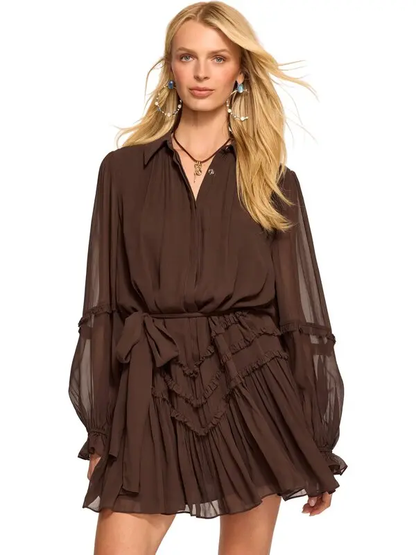Ramy Brook Maya Silk Ruffled Long Sleeve Mini Dress - Heritage Brown