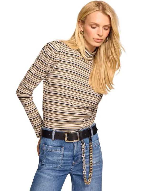 Ramy Brook Yvonne Striped Knit Mock Neck Top - Bone Stripe