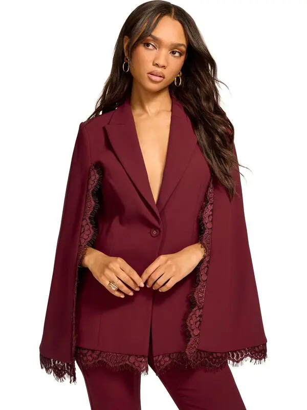 Ramy Brook Lucinda Lace Trim Tailored Cape - Cranberry