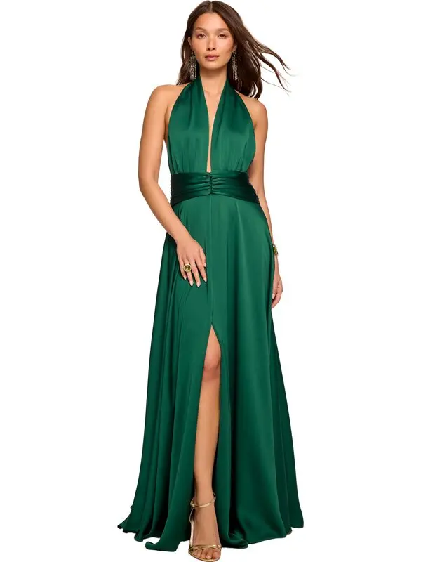 Ramy Brook Jasmine Plunging Halter Gown - Deep Emerald
