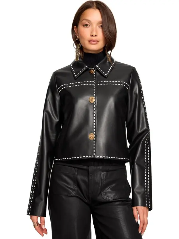 Ramy Brook Mira Contrast Stitch Leather Jacket - Black