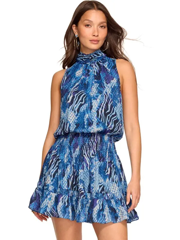 Ramy Brook Elanna Printed Smocked Waist Mini Dress - Patchwork Python