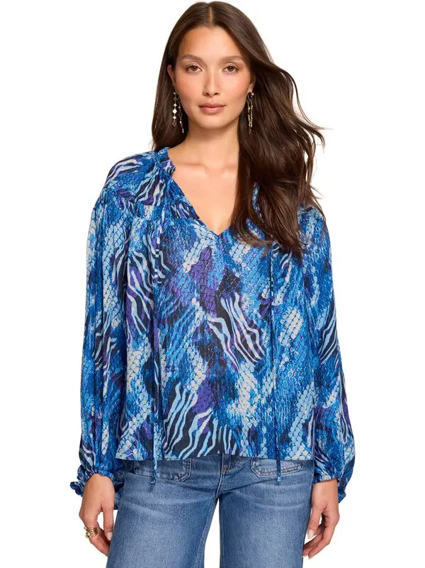 Ramy Brook Cynthia Printed Tie Neck Balloon Sleeve Top - Patchwork Python