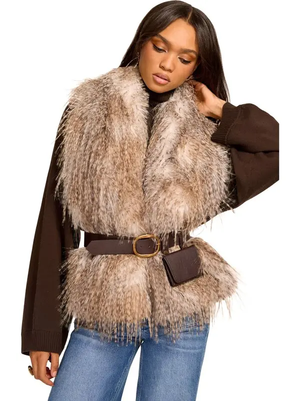 Ramy Brook Sally Faux Fur Belted Vest - Bone Fur