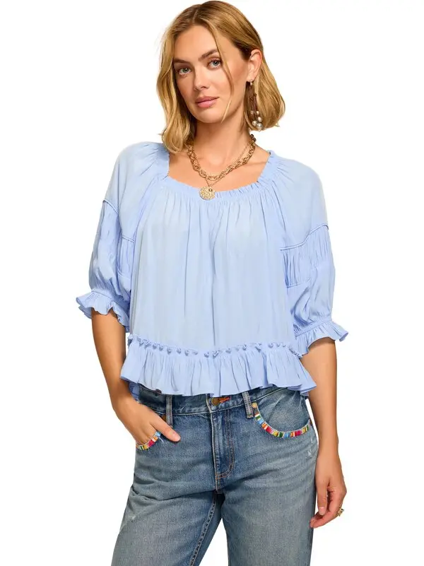 Ramy Brook Natasha Ruched Square Neck Blouse - Bazaar Blue