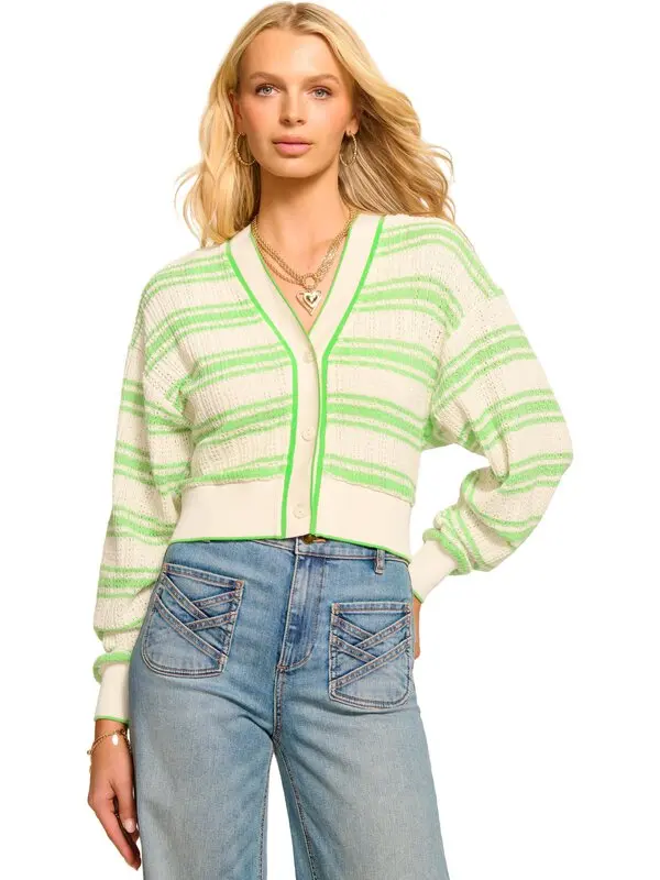 Ramy Brook Romy Striped Knit Cropped Cardigan - Lime Stripe