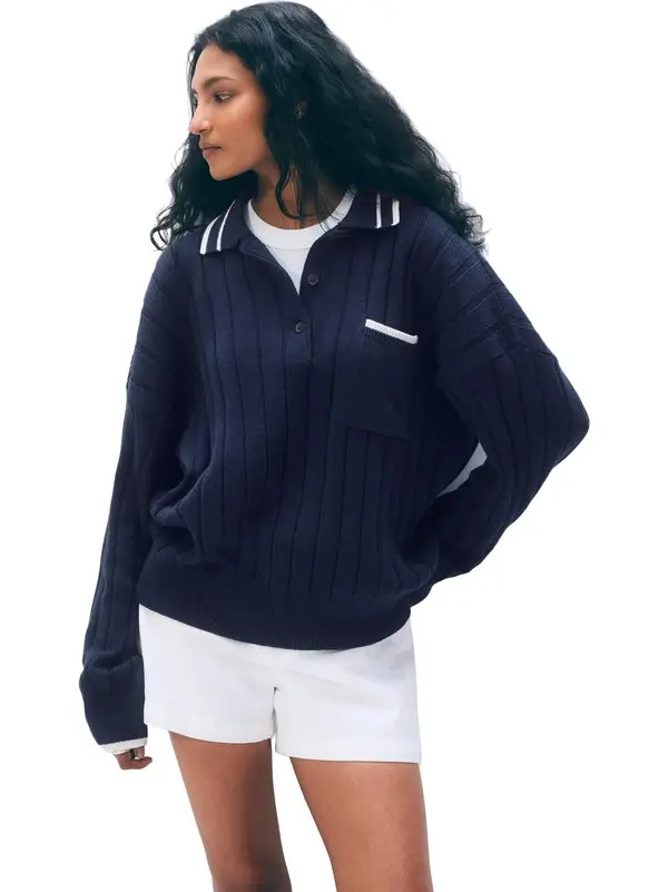 WHITE & WARREN Cotton Cashmere Ribbed Polo Sweater - Navy/ivory