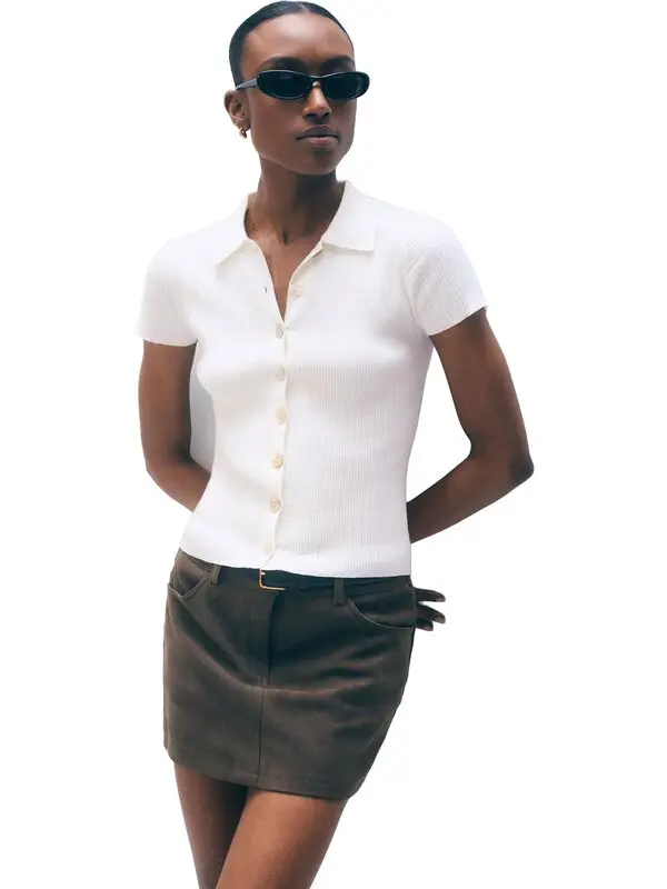 WHITE & WARREN Short Sleeve Button Front Knit Top - White