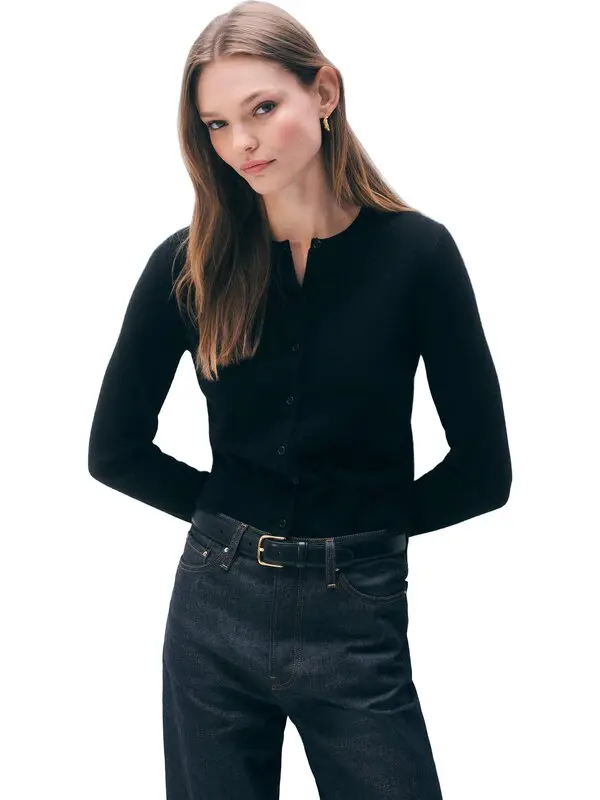 WHITE & WARREN Cashmere Crewneck Cardigan - Black