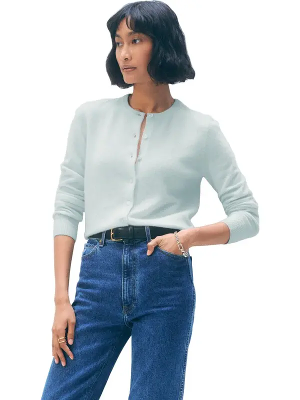 WHITE & WARREN Cashmere Crewneck Cardigan - Blue Fog