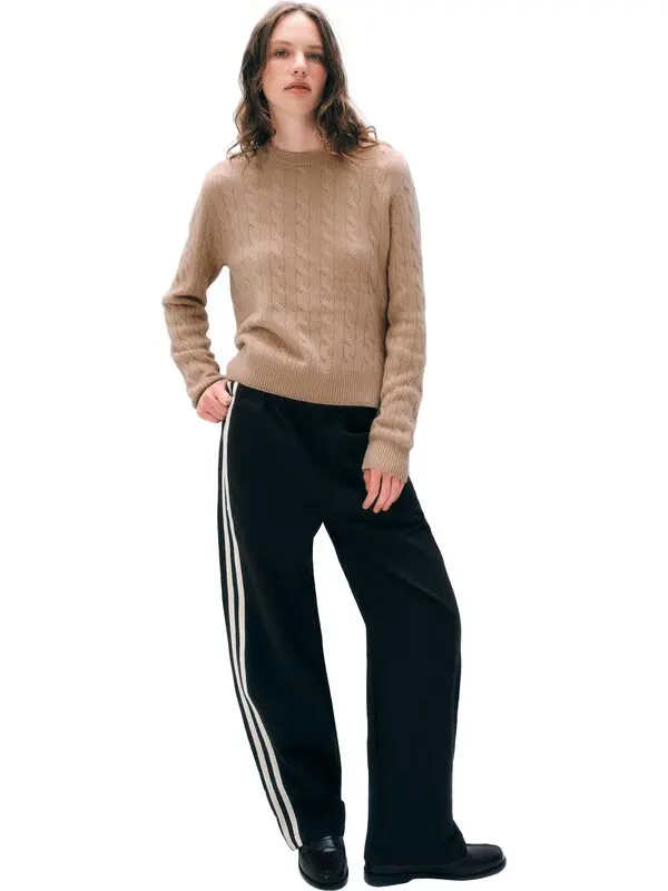 WHITE & WARREN Cashmere Varsity Cable Crewneck Top - Graphite Heather