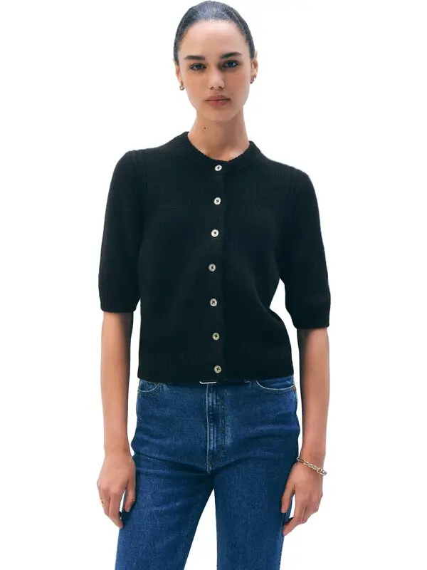 WHITE & WARREN Cashmere Short Sleeve Cardigan - Black