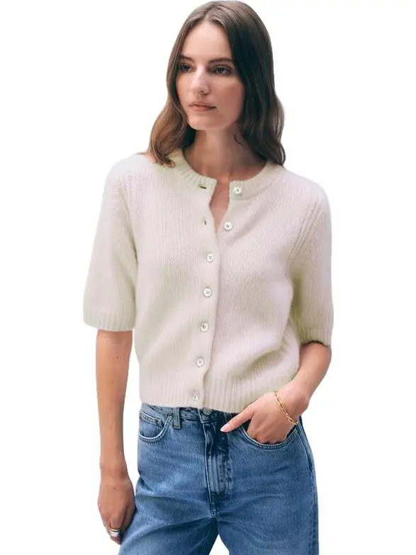 WHITE & WARREN Cashmere Short Sleeve Cardigan - Feather
