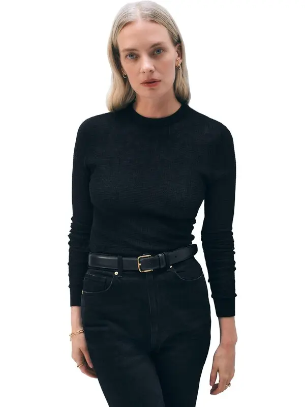 WHITE & WARREN Superfine Cashmere Blend Waffle Crewneck Top - Black