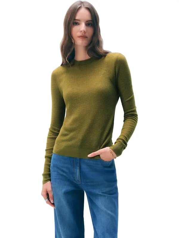 WHITE & WARREN Superfine Cashmere Blend Waffle Crewneck Top - Bright Olive
