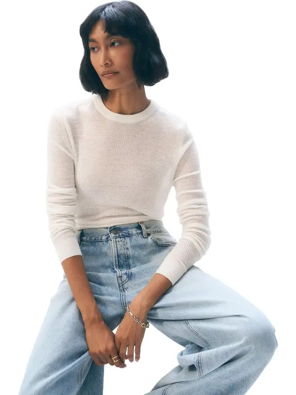WHITE & WARREN Superfine Cashmere Blend Waffle Crewneck Top - White