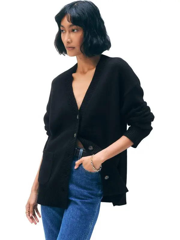 WHITE & WARREN Cashmere Luxe Pocket Cardigan Sweater - Black
