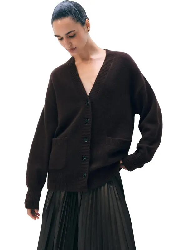 WHITE & WARREN Cashmere Luxe Pocket Cardigan Sweater - Dark Umber