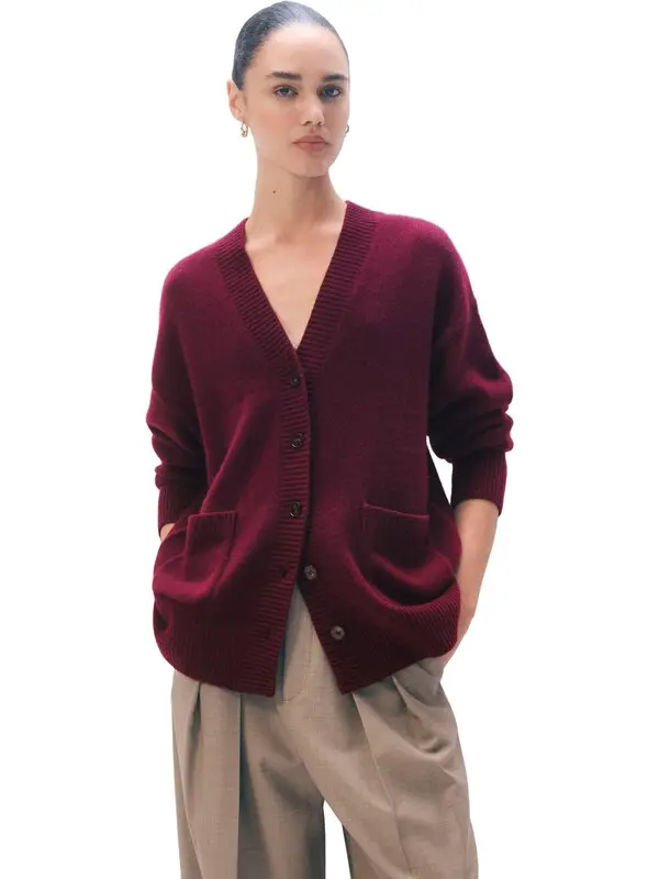 WHITE & WARREN Cashmere Luxe Pocket Cardigan Sweater - Sangria