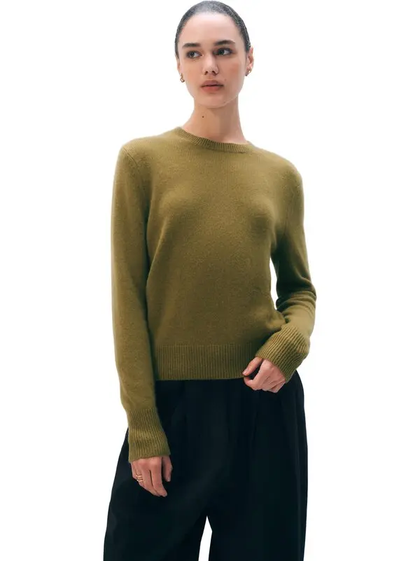 WHITE & WARREN Cashmere Rib Trim Crewneck Top - Bright Olive