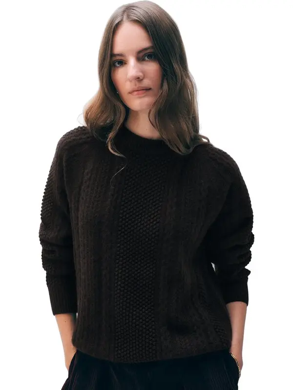 WHITE & WARREN Cashmere Luxe Cable Crewneck Top - Dark Umber