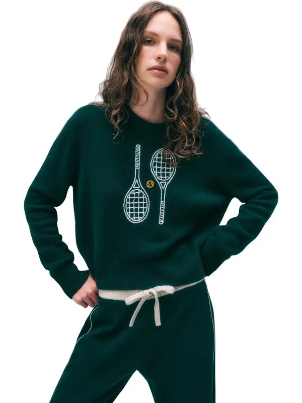 WHITE & WARREN Cashmere Embroidered Tennis Sweatshirt - Dark Emerald Combo