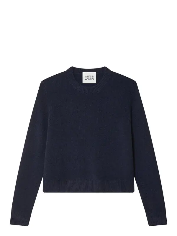 WHITE & WARREN Ribbed Trim Crewneck Top - Deep Navy Blue