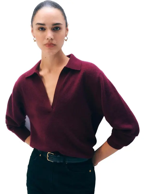 WHITE & WARREN Cashmere Long-sleeved Polo Sweater - Sangria